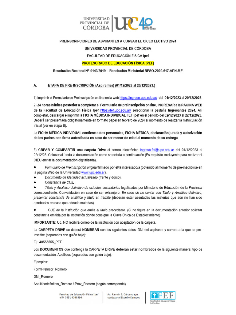 Procedimiento de Preinscripcion Fef Ipef 2024 | PDF | Documento de identidad | Educación más alta