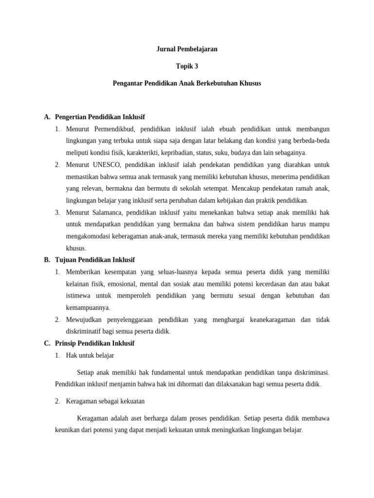 Jurnal Pembelajaran Topik 3 Pendidikan Inklusif | PDF