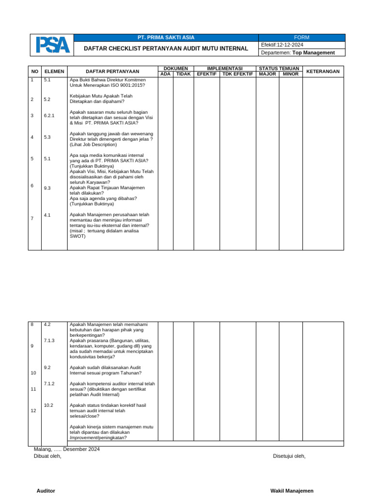 Checklist Pertanyaan Audit Internal ISO 9001 2015 | PDF