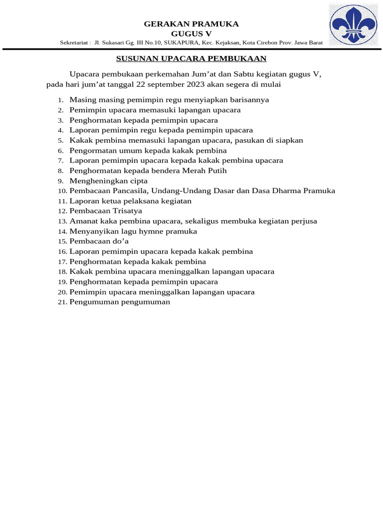 Susunan Upacara Perkemahan Gugus V | PDF