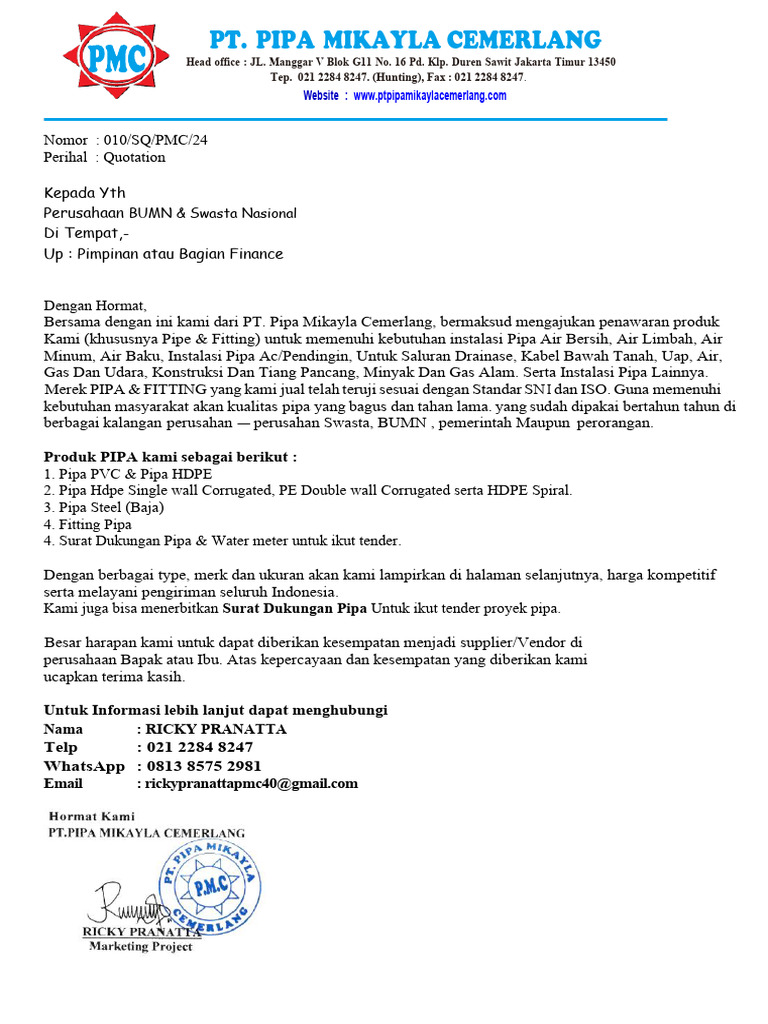 Penawaran Pipa Pt Pmc 2024. | PDF