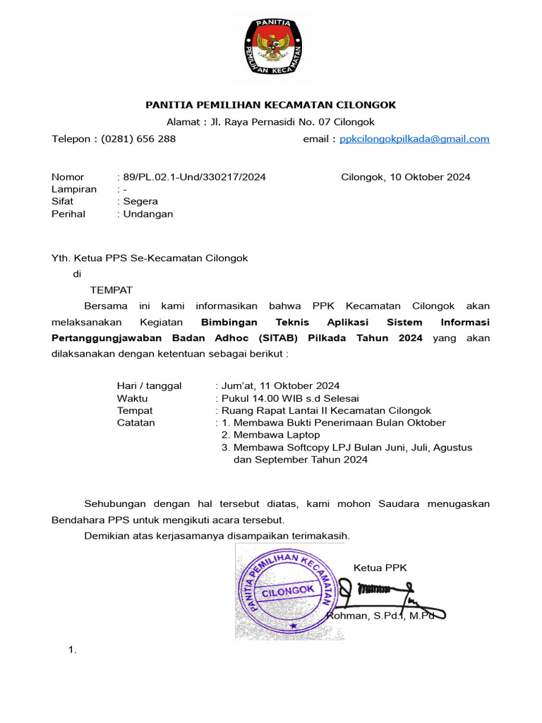 Undangan Bimtek SITAB Pilkada 2024 | PDF