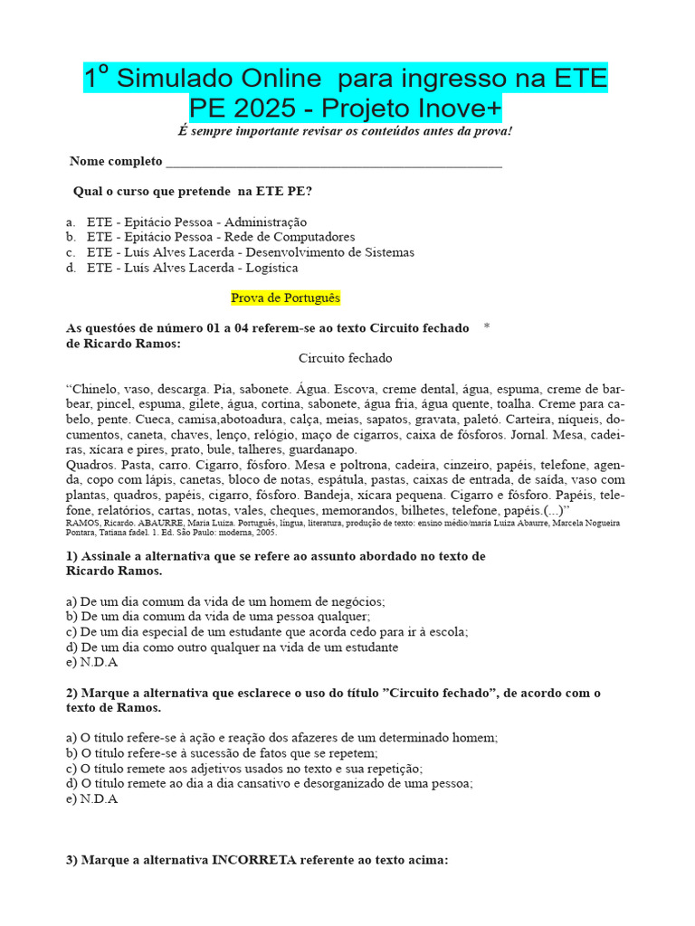 1º Simulado Online para Ingresso Na ETE PE 2025 - Projeto Inove+ | PDF | Poesia