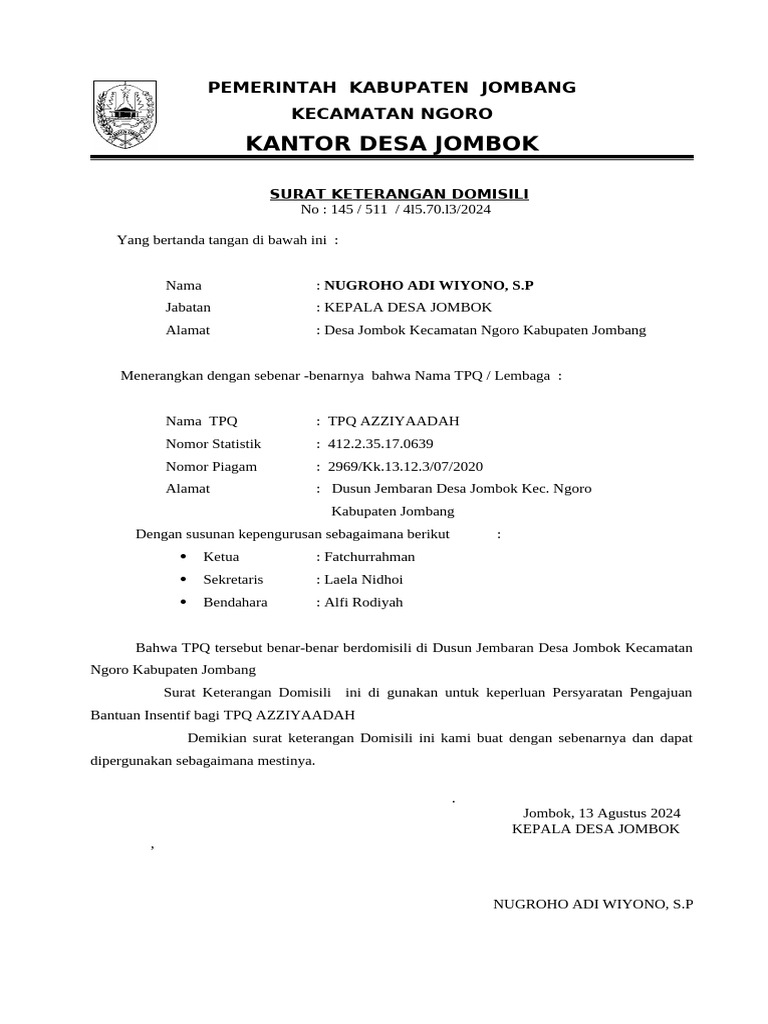 Surat Keterangan Domisili TPQ | PDF