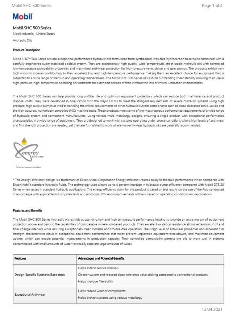 Hydraulic - Mobil SHC 500 Series (Synthetic) | PDF | Pump | Mechanical Engineering