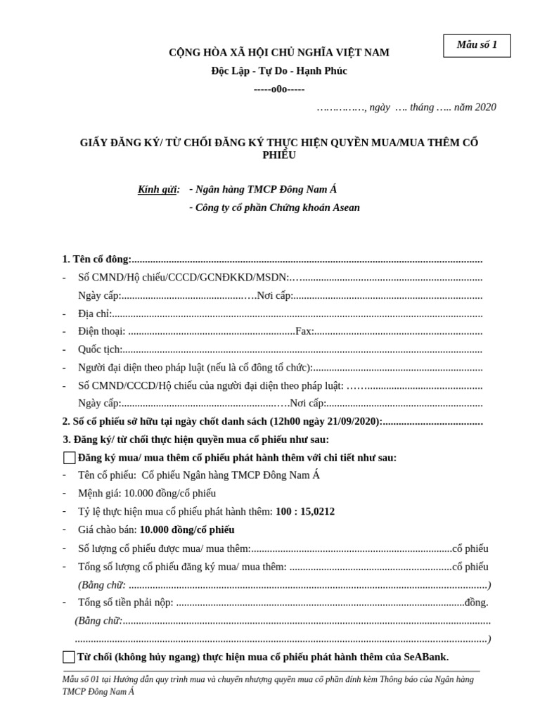 Mau-01-Giay-dang-ky-tu-choi-dang-ky-thuc-hien-quyen-mua-mua-them-CP | PDF