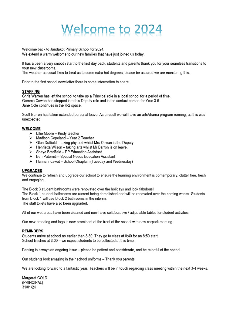 Welcome Back Letter | PDF