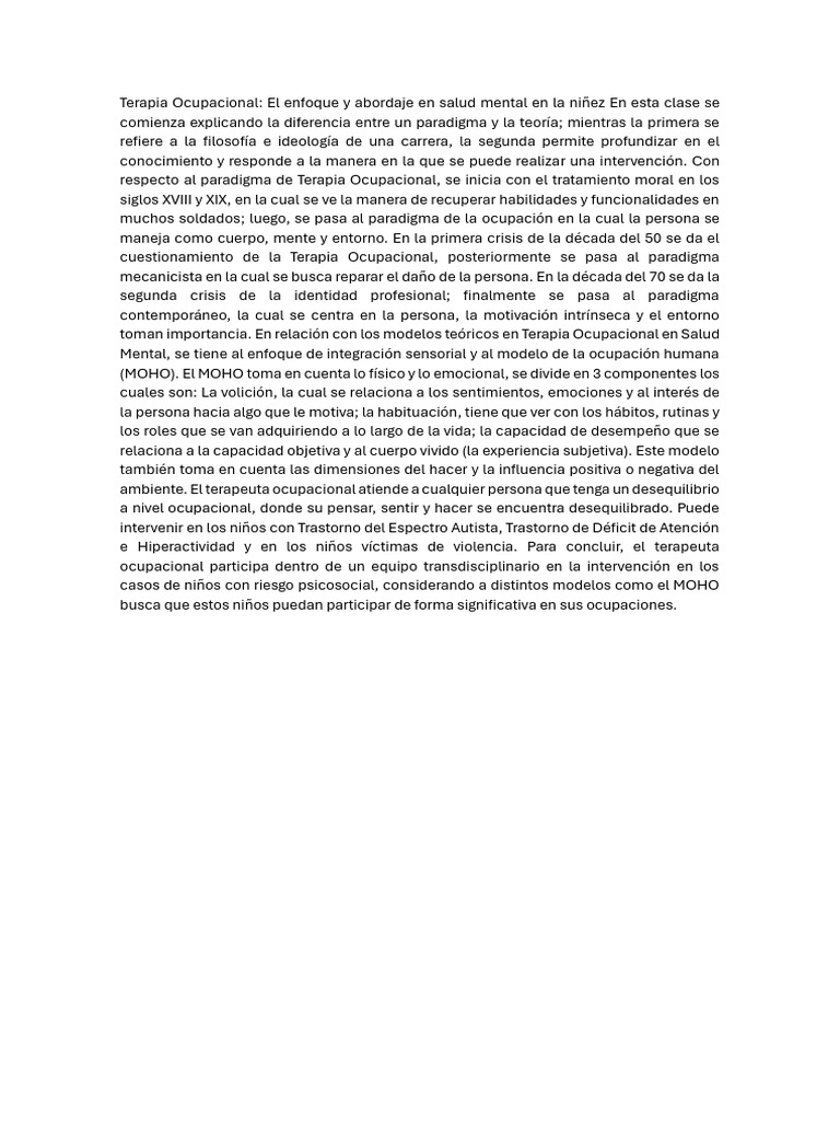Resumen Terapia Ocupacional y Salud Mental | PDF