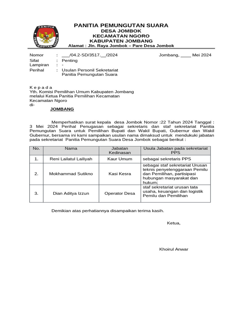 surat permohonan sekretariat PPS | PDF