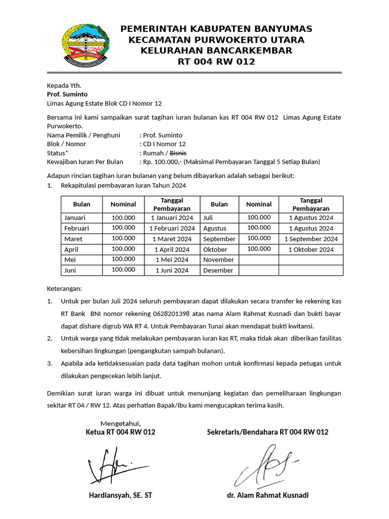 Tagihan Iuran RT 004 RW 012 | PDF