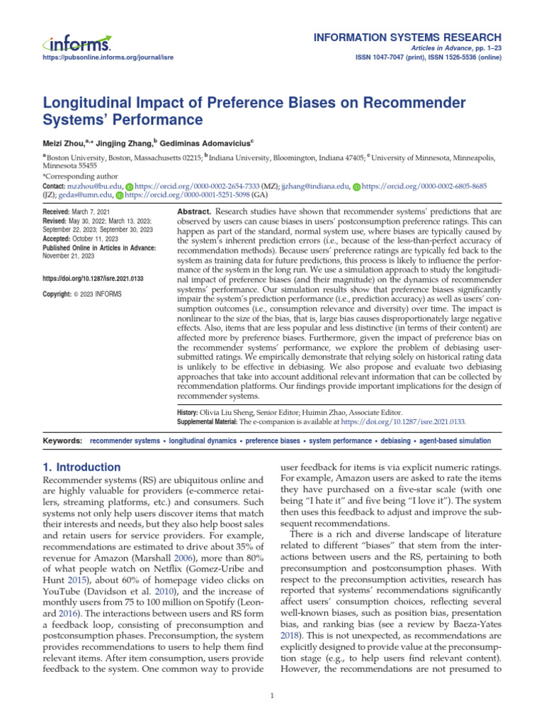 Zhou Et Al 2023 Longitudinal Impact of Preference Biases on Recommender Systems Performance ...