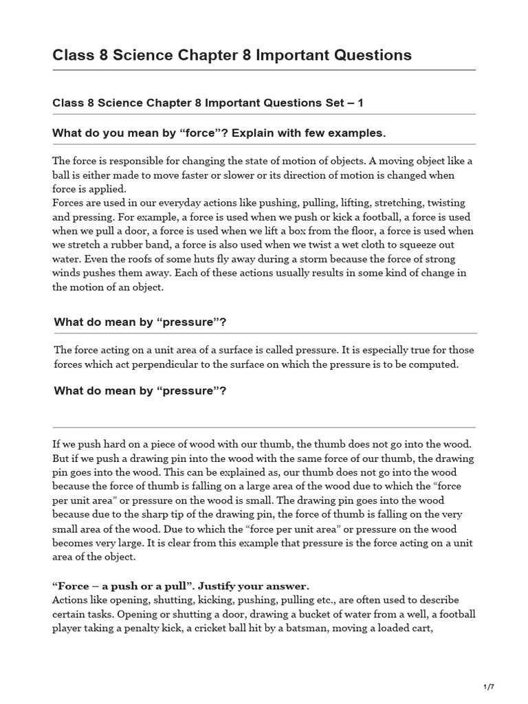 Important Question Class 8 Science Chapter 8 | PDF | Force | Pressure