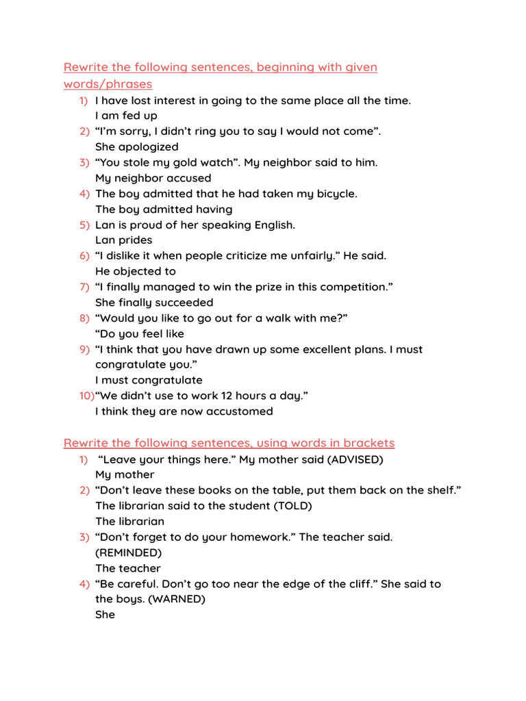 Rewrite The Following Sentences | PDF