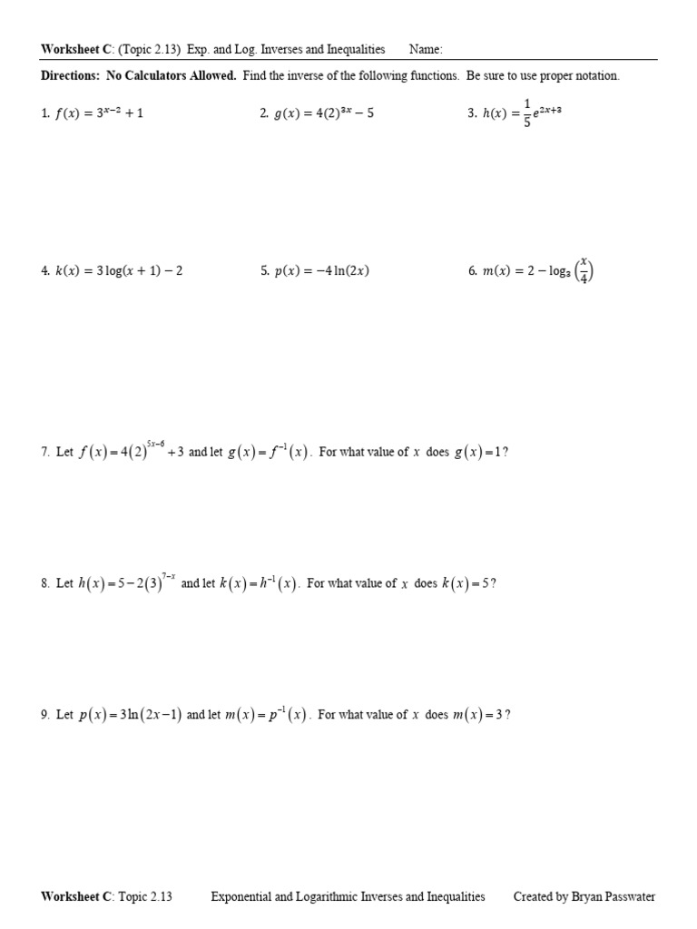 Exponential & Logarithmic Inverses Worksheet | PDF | Logarithm ...