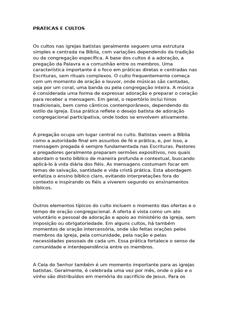 Práticas e Cultos | PDF | Eucaristia | Batistas