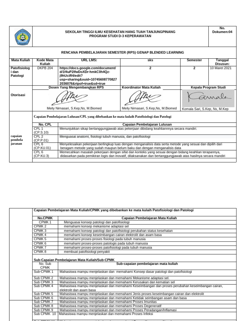 Rps Patofisiologi Dan Patologi 2022 Genap | PDF