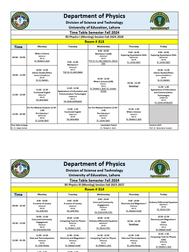 Time Table (Physics) Fall 2024 | PDF | Physics | Physical Sciences