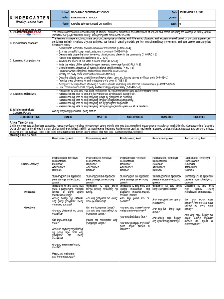 Week 6 DLL Matatag | PDF