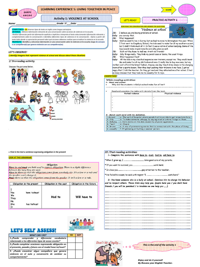 Activity 1 Stop Violence at School 5to | PDF