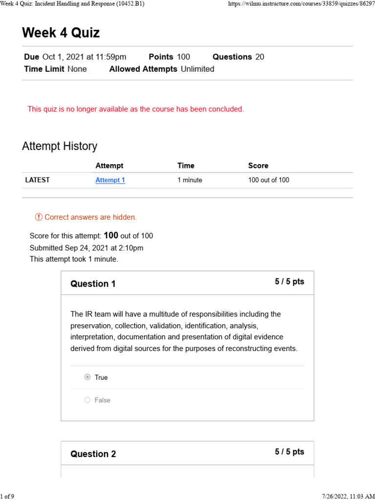 Week 4 Quiz Incident Handling and Response (10452.B1) | PDF | Security ...