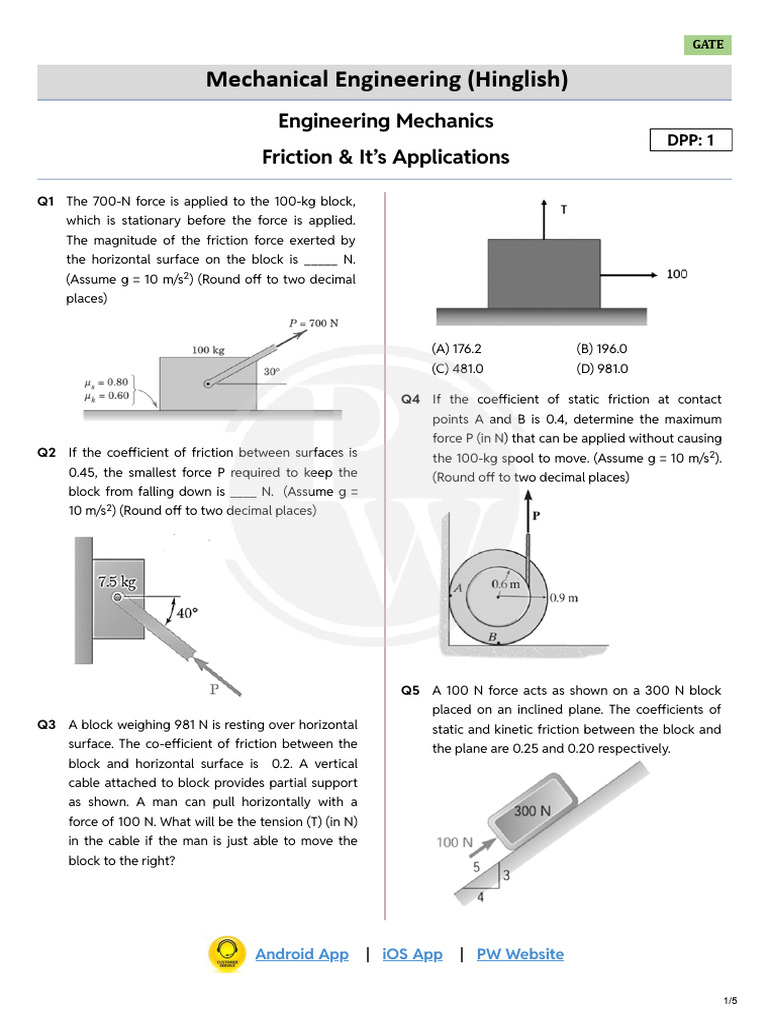 Friction & It's Applications - DPP 01 | PDF | Force | Friction