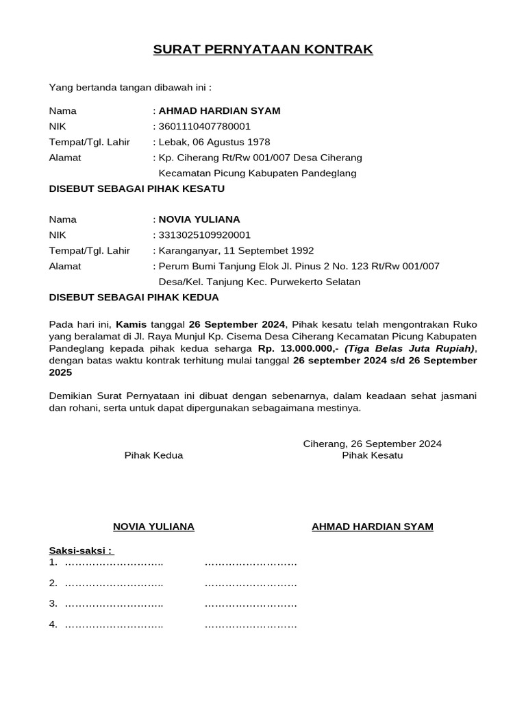 SURAT PERNYATAAN KONTRAK | PDF