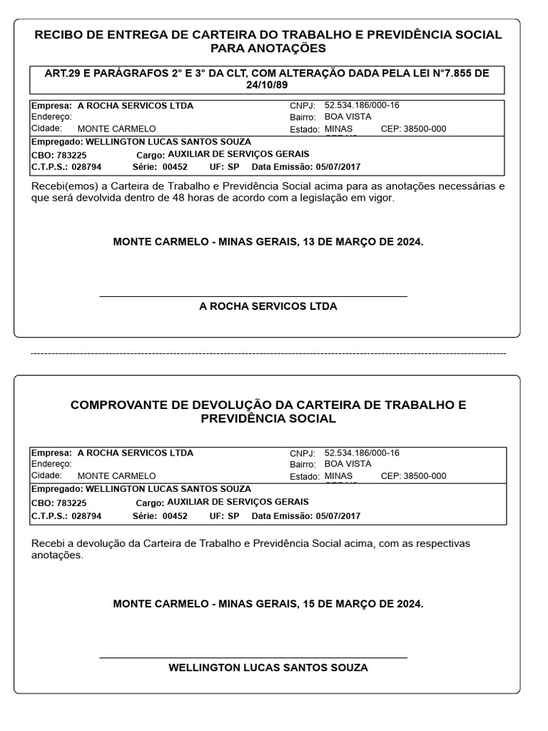 Recibo RecebimentoEntrega CTPS (5) | PDF