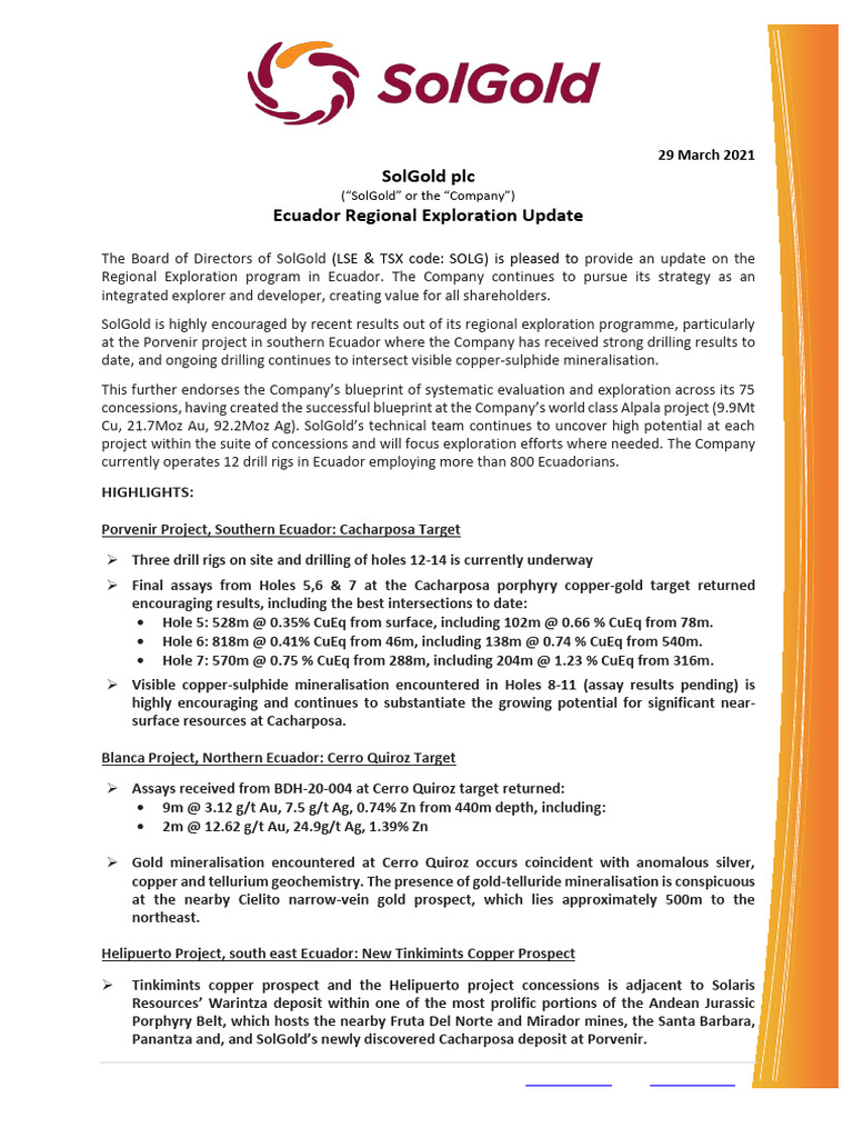 Ecuador Exploration Update: SolGold Progress | PDF | Risk | Uncertainty