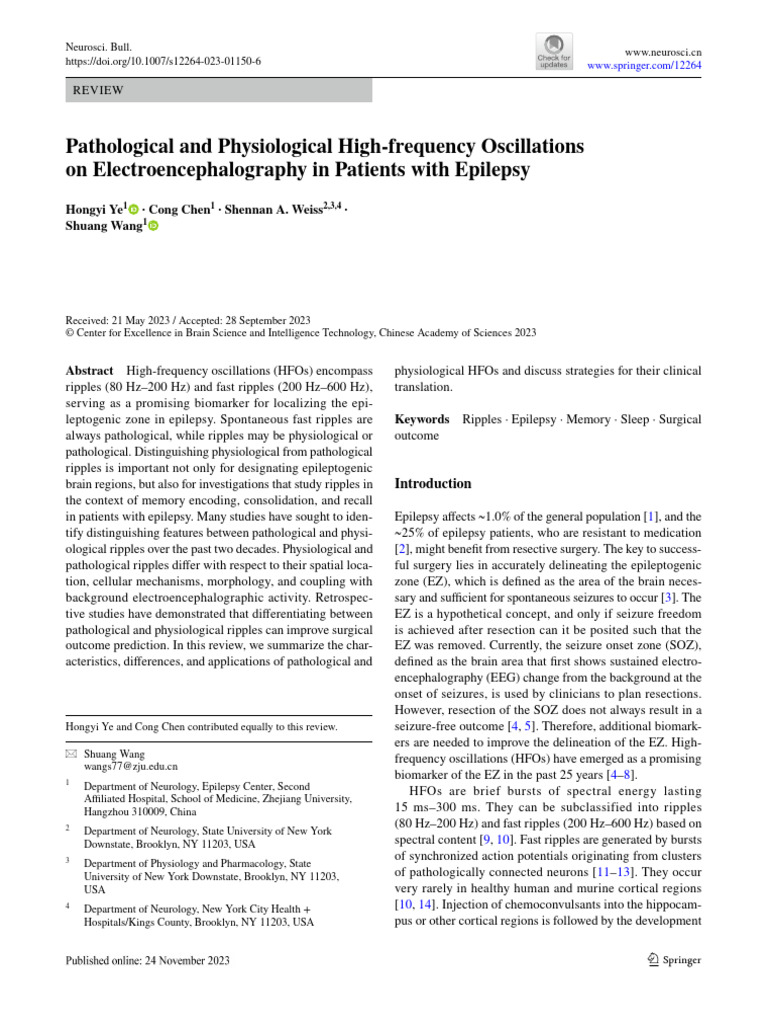Pathological and Physiological High Frequency Oscillations On Electroencephalography in Patients ...
