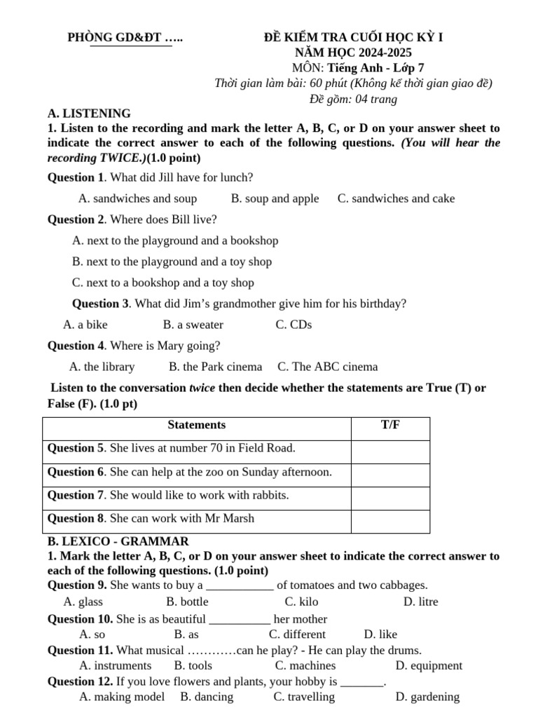 Đề Ktck 1- Anh 7 (Nguyễn Hương Cg) | PDF