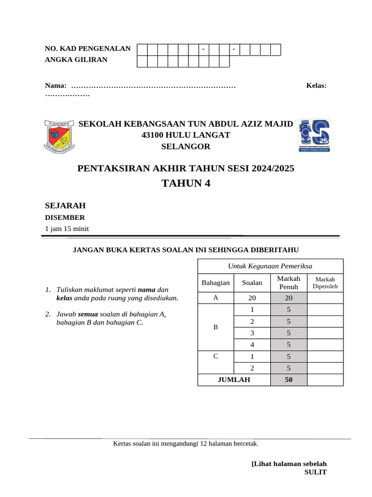 Muka Depan Kertas Soalan Peperiksaan | PDF