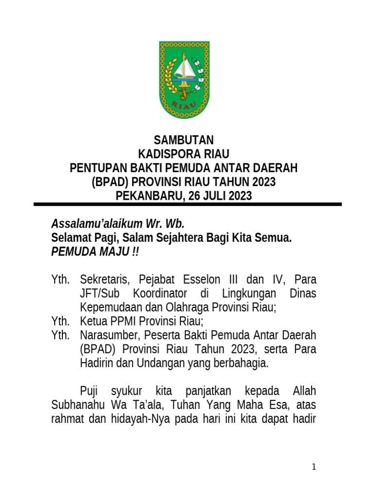 Sambutan Kadis - Penutupan BPAD 2023 | PDF