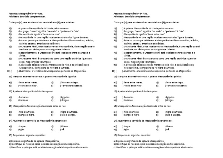 Exercício Complementar - 6º Ano - A2 | PDF | Mesopotâmia | Assíria