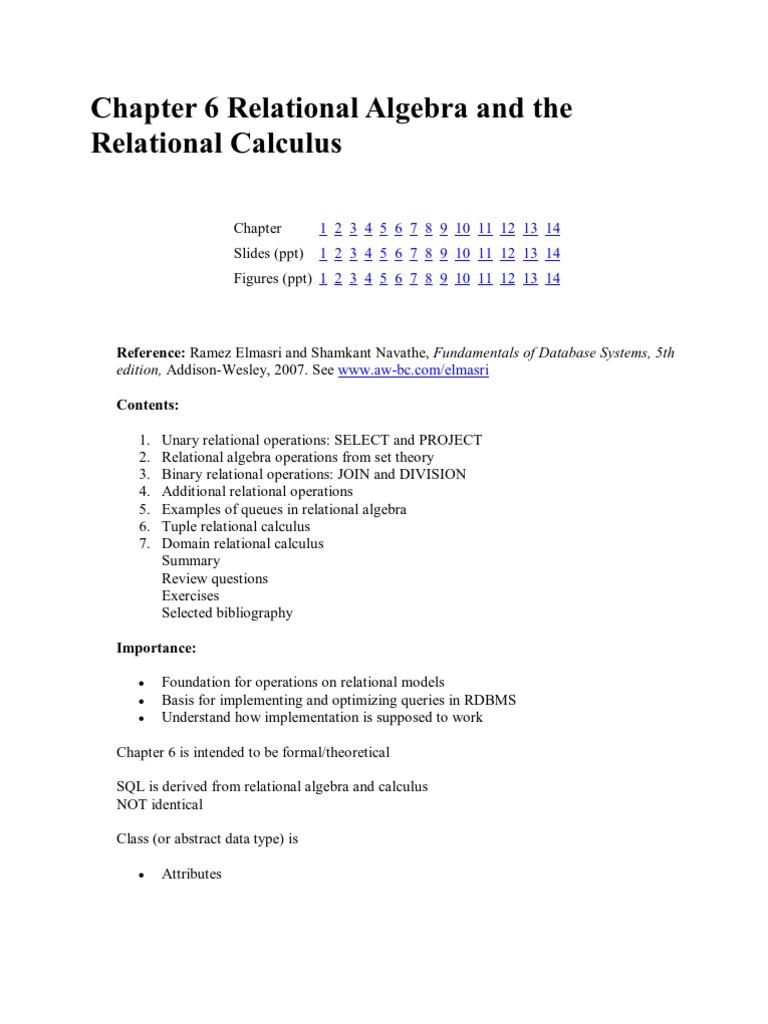 Chapter 6 Relational Algebra And The Relational Calculus Pdf