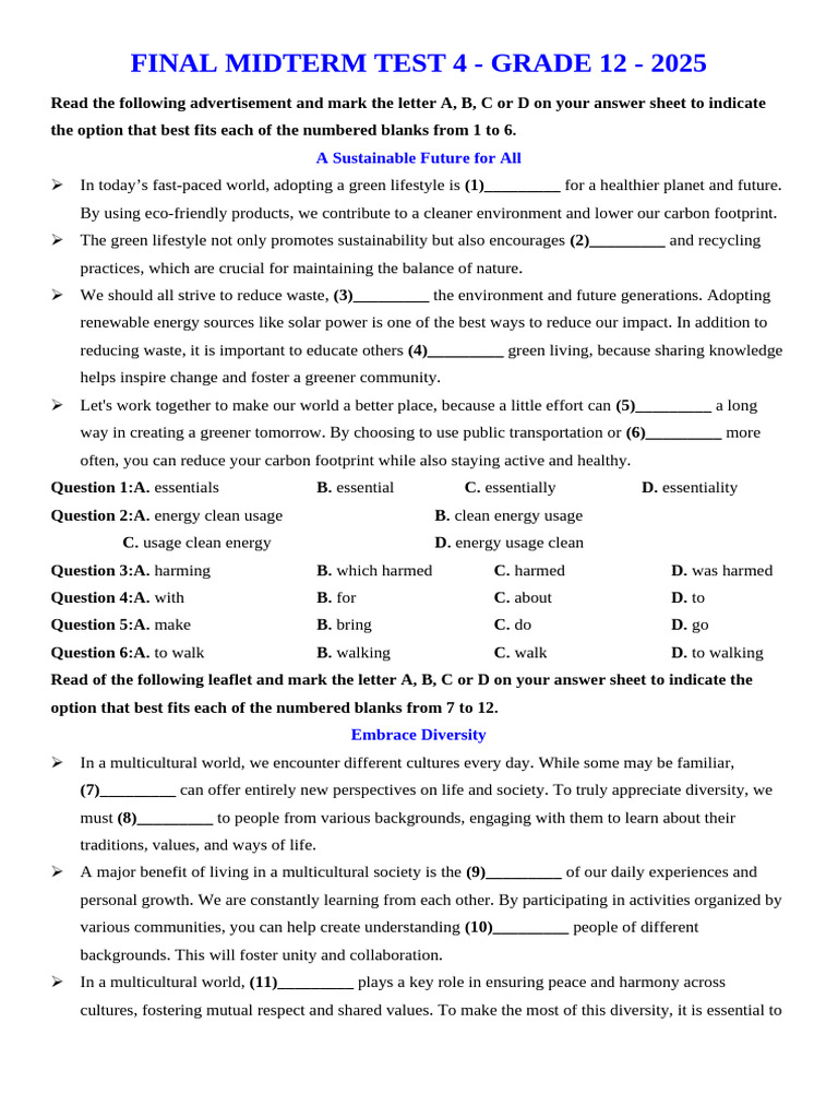 First Semester Final Exam TEST 4 - GRADE 12 - 2025.Docx Giải Chi Tiết ...