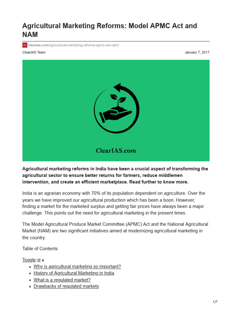 Agricultural Marketing Reforms Model APMC Act and NAM | PDF | Market (Economics) | Agriculture