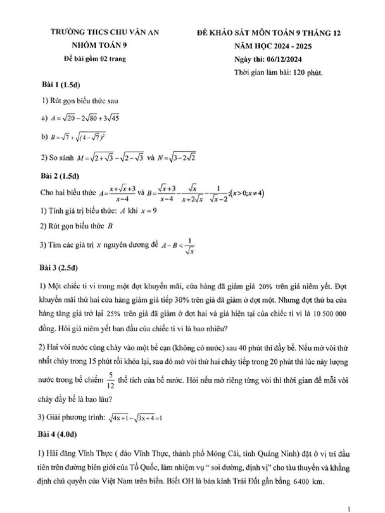 De Khao Sat Toan 9 Thang 12 Nam 2024 2025 Truong Thcs Chu Van An Ha Noi | PDF