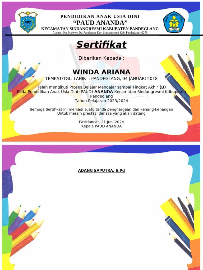 Sertifikat PAUD Ananda 2024 | PDF