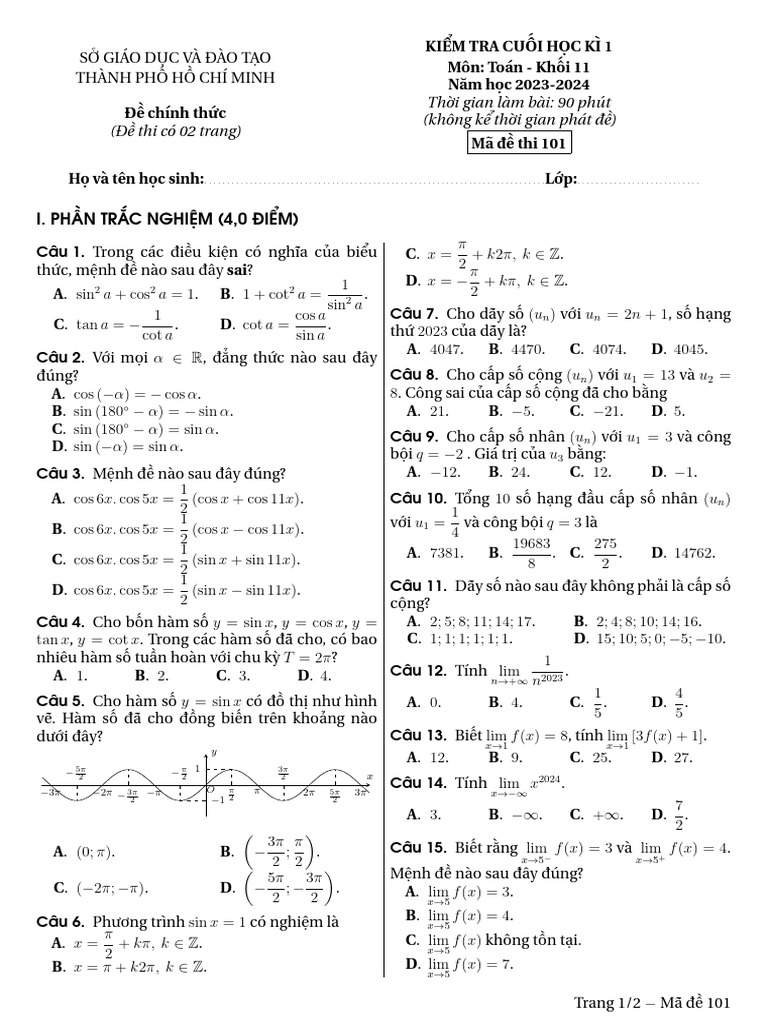 De Cuoi Hoc Ki 1 Toan 11 Nam 2023 2024 Truong Thpt Thanh Da Tp Hcm | PDF