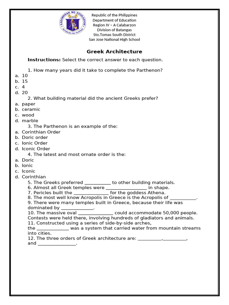 Acitiivity Sheet First Greek Architecture | PDF