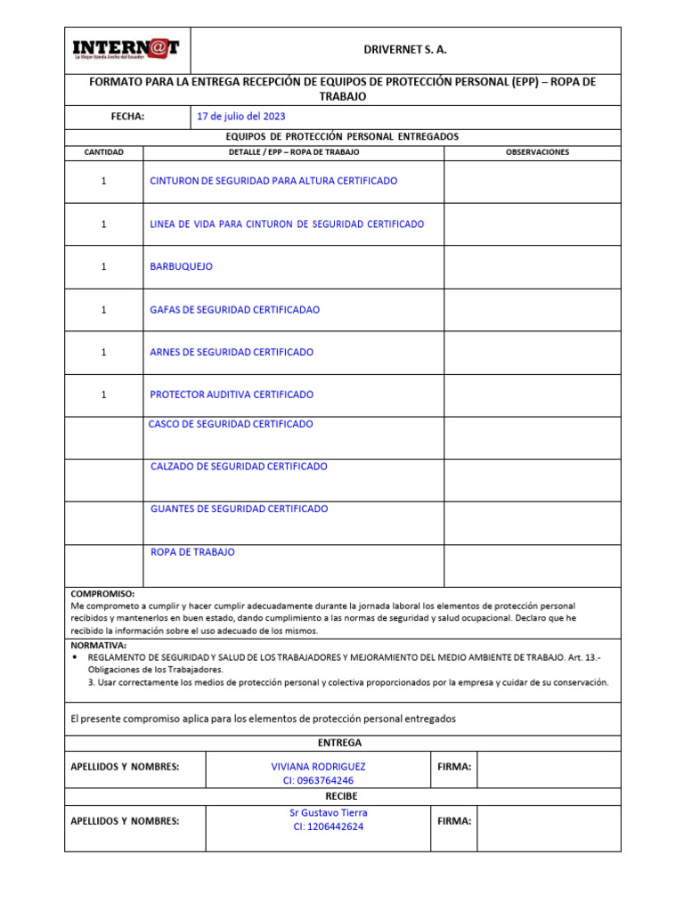 Acta Entrega Epp | PDF