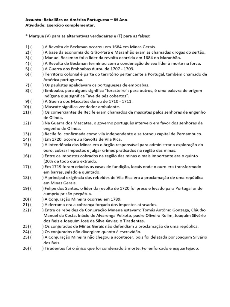 Exercício Complementar - 8º Ano - A4 | PDF | Brasil