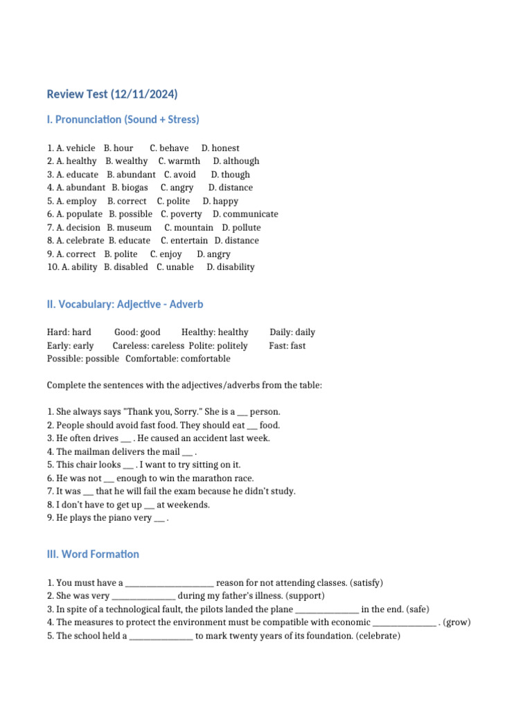 Summer Review Test Updated | PDF | Perfect (Grammar) | Syntax
