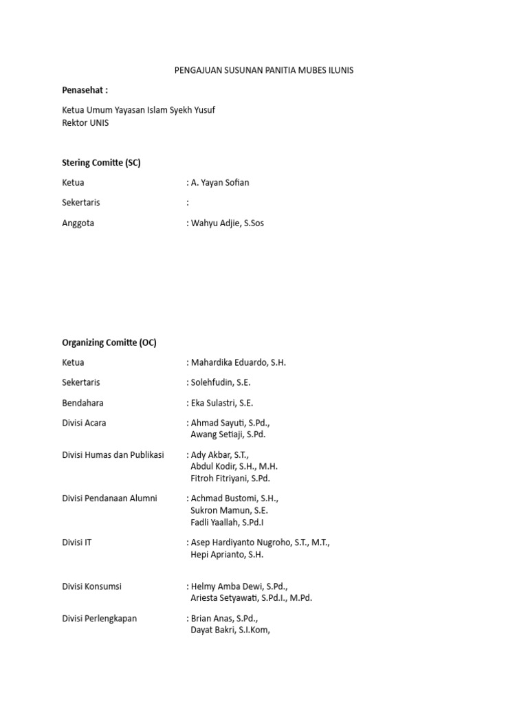 Pengajuan Susunan Panitia Mubes Ilunis | PDF