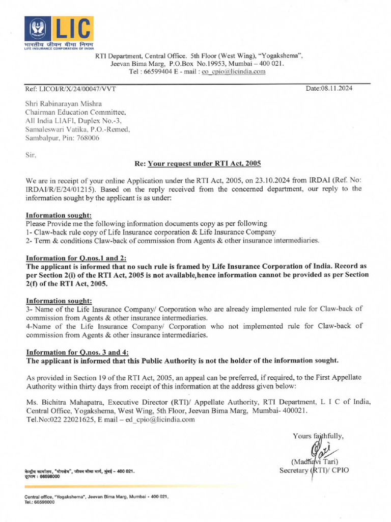 Claw Back Reply From Lic | PDF