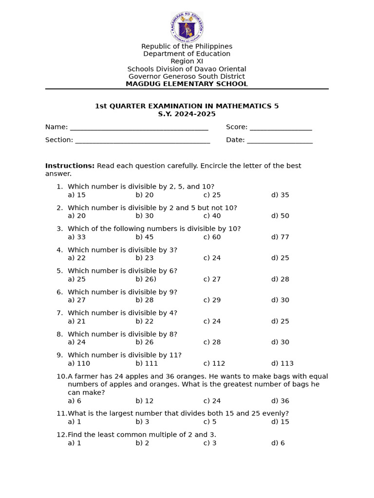 Math 5 1st Quarter Exam Guide | PDF | Mathematics | Arithmetic