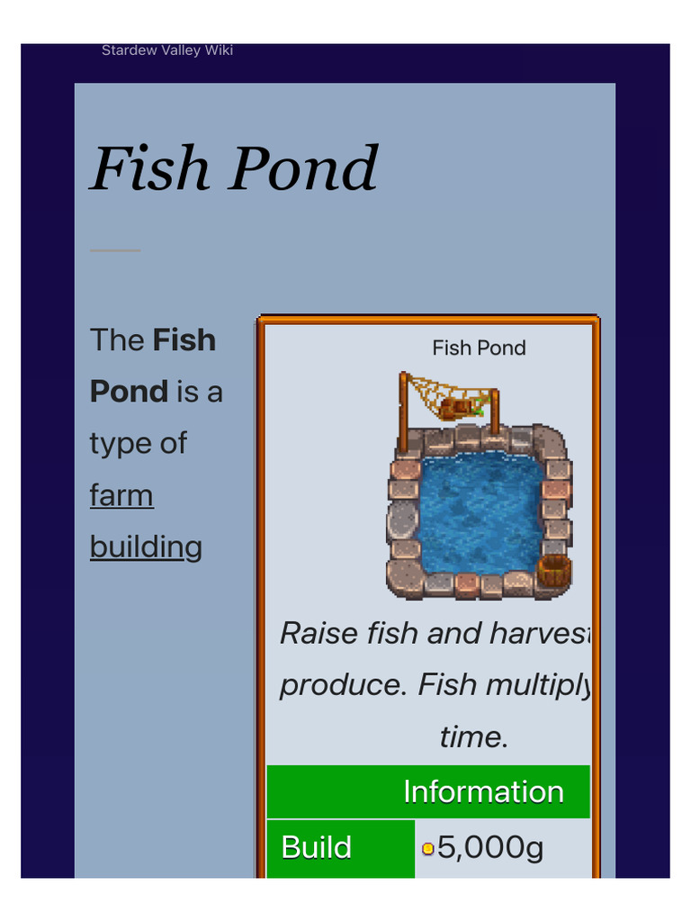 Fish Pond - Stardew Valley Wiki | PDF | Spawn (Biology) | Fish