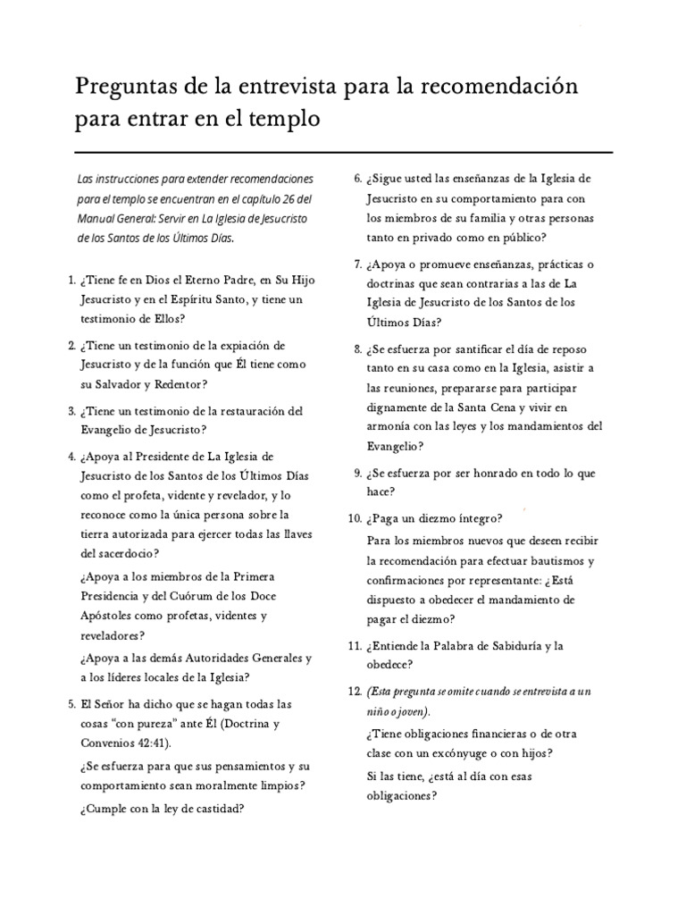 Temple Recommend Interview Questions (Spanish) | PDF | Jesús | Iglesia ...
