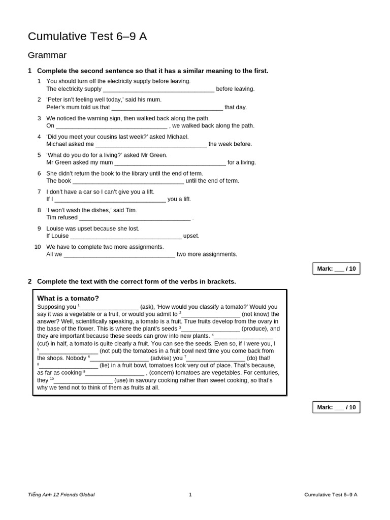 Cumulative English Test 6-9 A | PDF | Literacy | Tomato