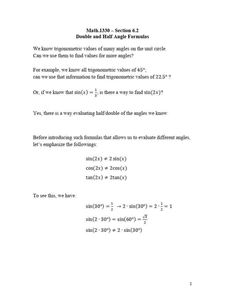 Double and Half Angle Formulas in Trigonometry | PDF | Trigonometric ...